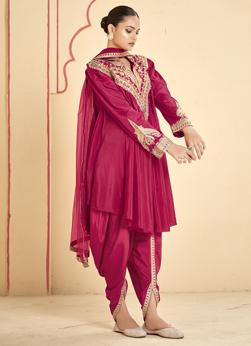 Buy Hot Pink Heavy Chinnon Sequins Work Wedding Wear Readymade Dhoti Suit Online From Surat ...